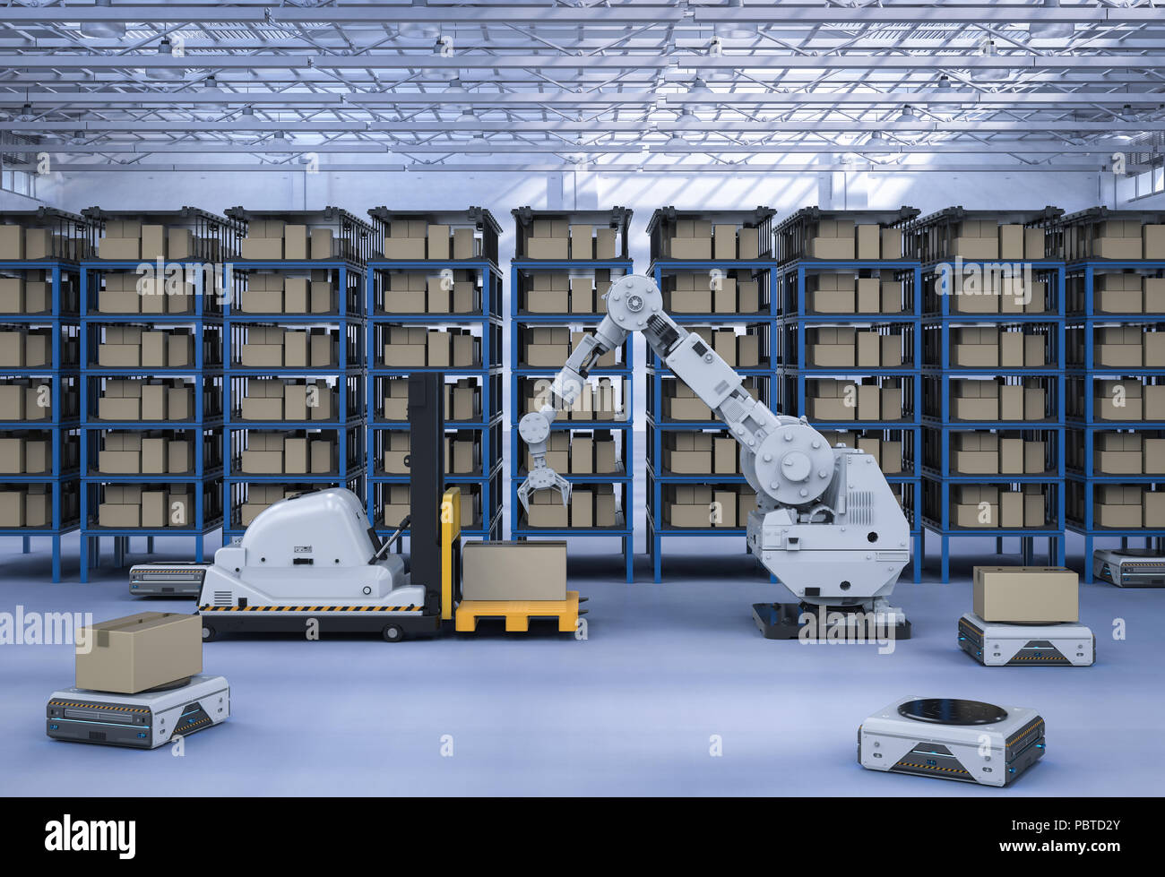 Automatic warehouse concept with 3d rendering robot arm with forklift ...