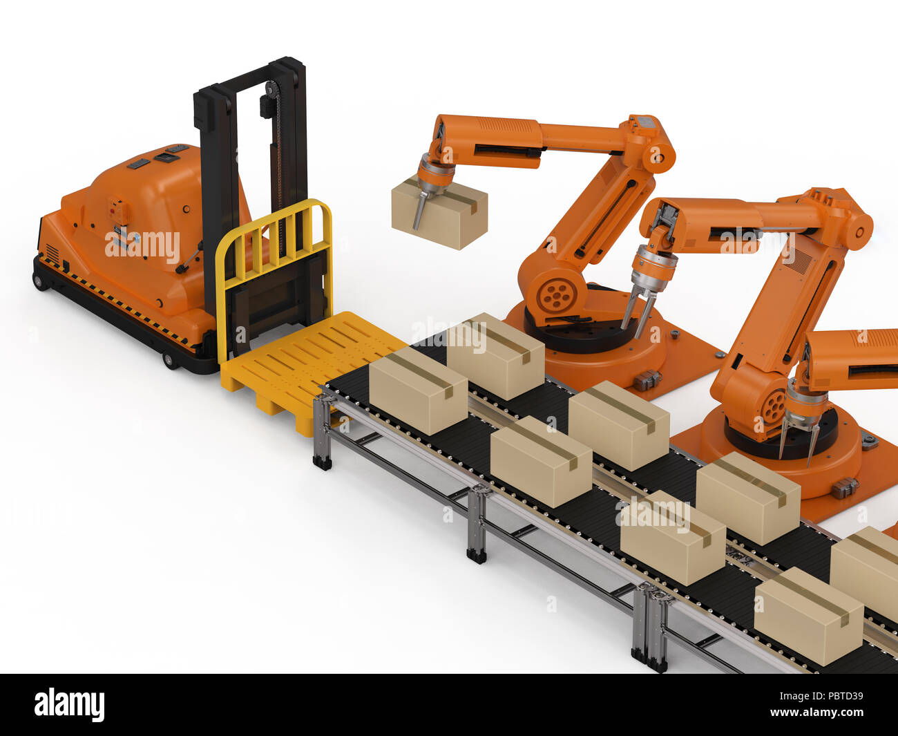 Automatic warehouse concept with 3d rendering robot arm with forklift ...