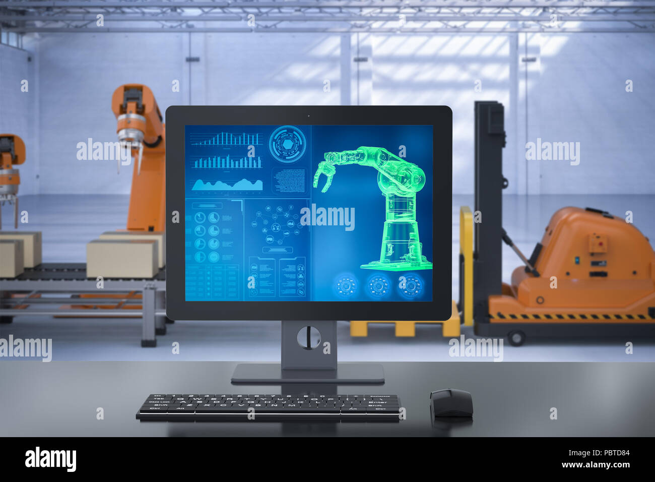 3d rendering computer display automation robot system in factory Stock ...