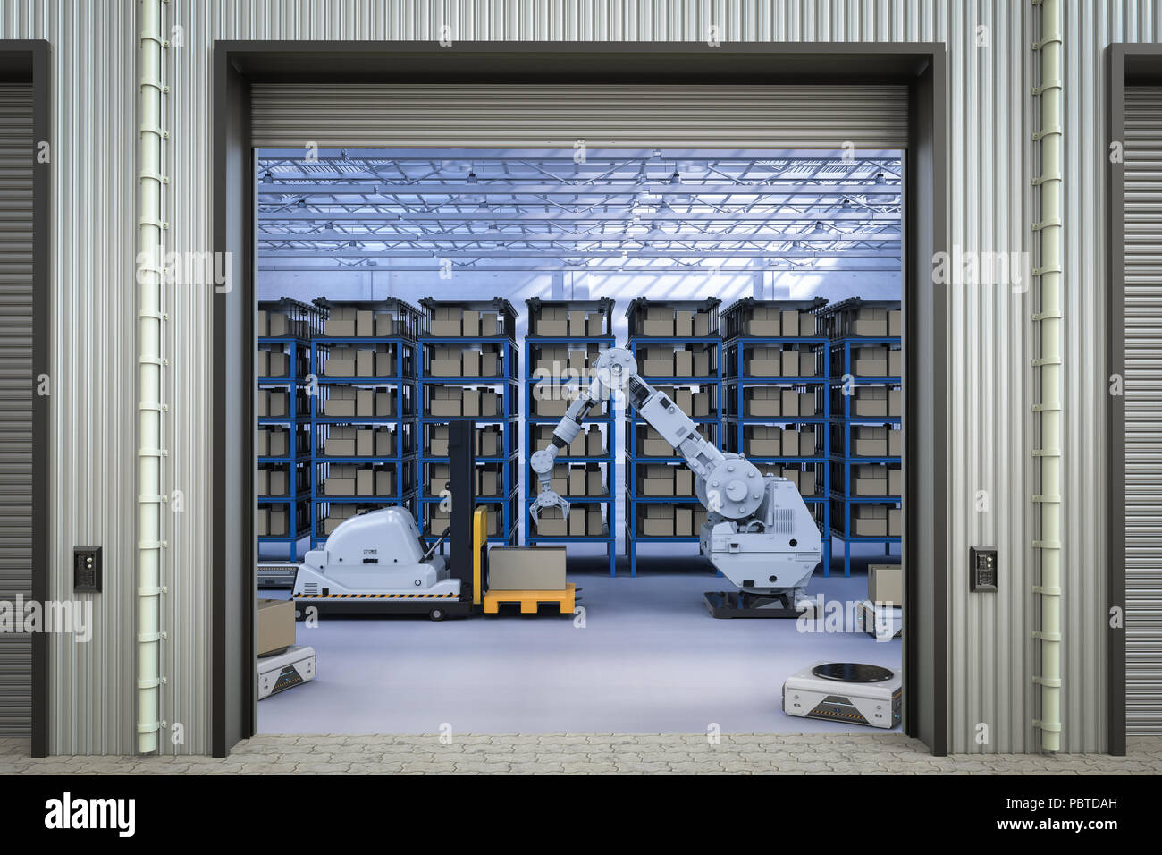 3d rendering automatic forklift and robot arm in warehouse Stock Photo ...