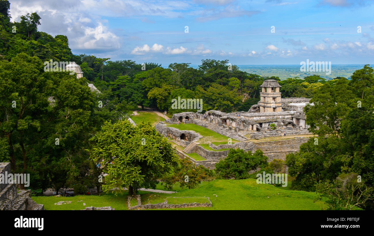 Aerial Panorama of Palenque archaeological site, a pre-Columbian Maya ...