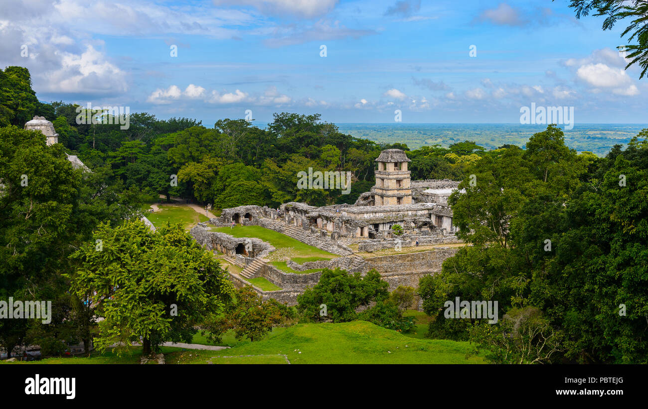 Aerial Panorama of Palenque archaeological site, a pre-Columbian Maya ...