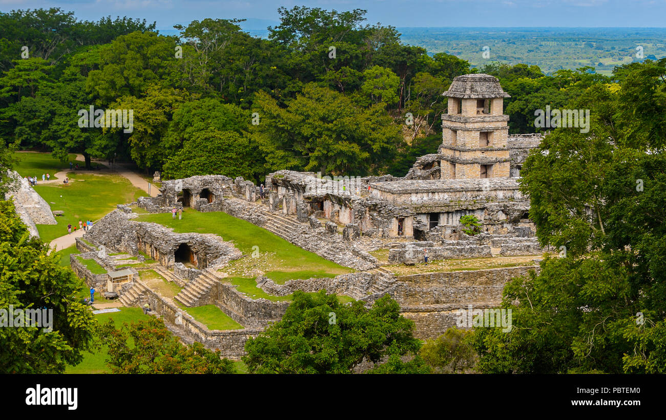 Aerial Panorama of Palenque archaeological site, a pre-Columbian Maya ...