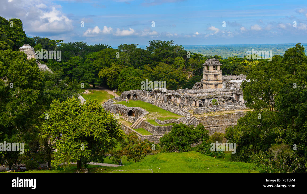 Aerial Panorama of Palenque archaeological site, a pre-Columbian Maya ...