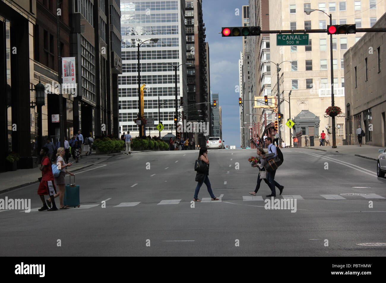 Street scene in downtown Chicago, Illinois during the evening rush hour ...