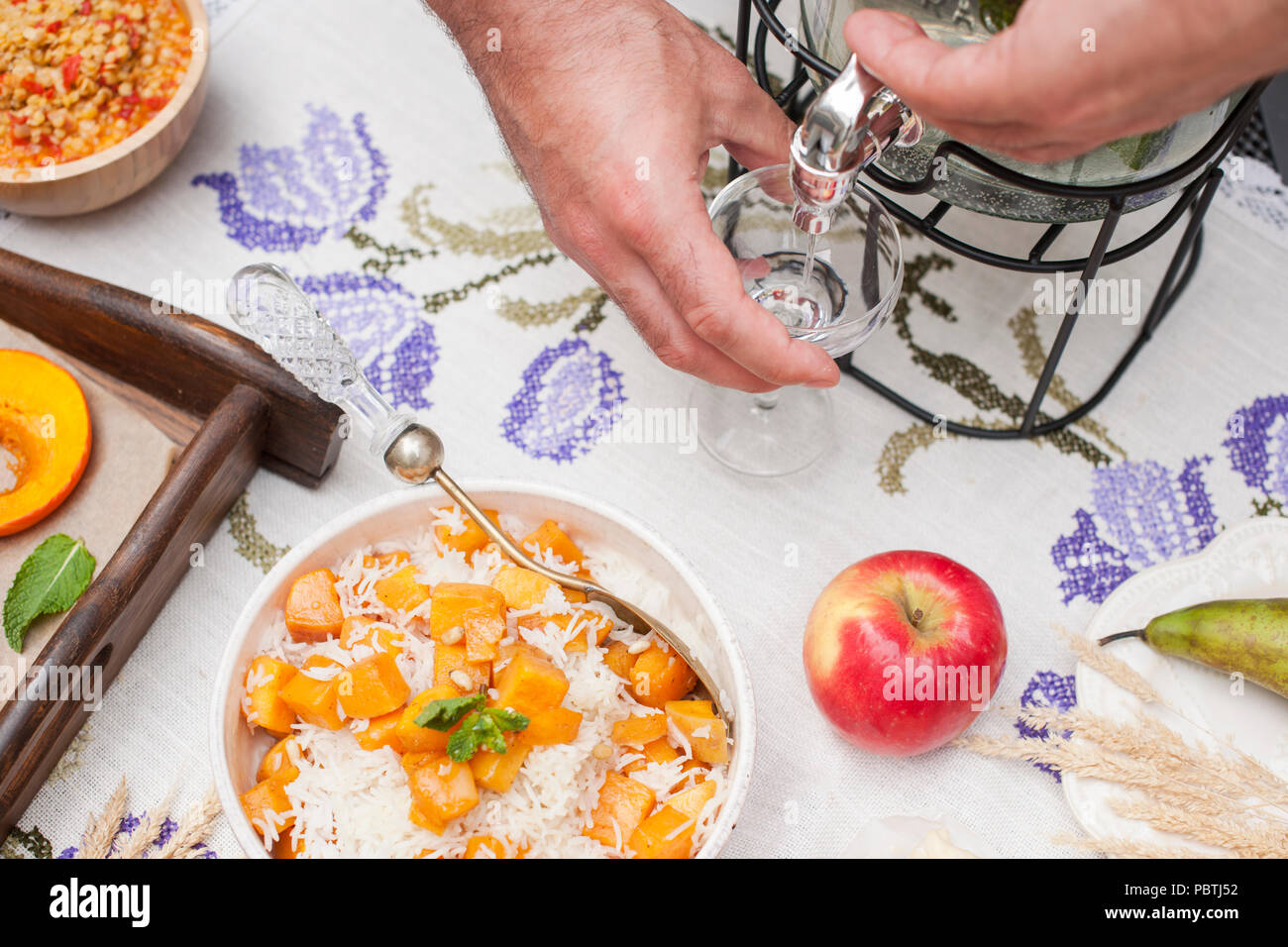 Sweet, baked pumpkin and pie with pear. Autumn dinner for the whole ...