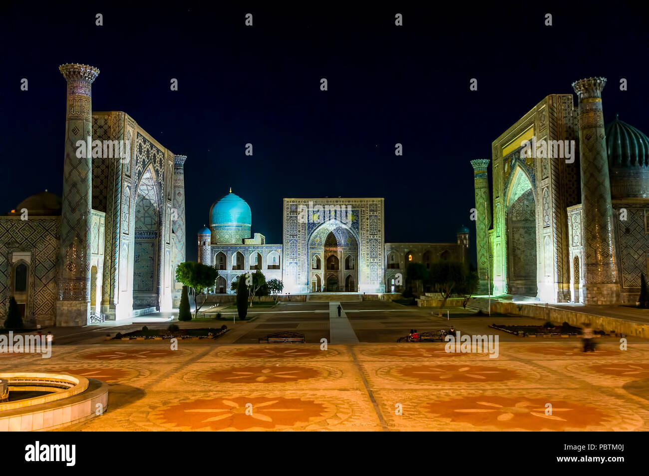 Panoramic view of Registan square at night - Samarkand, Uzbekistan ...