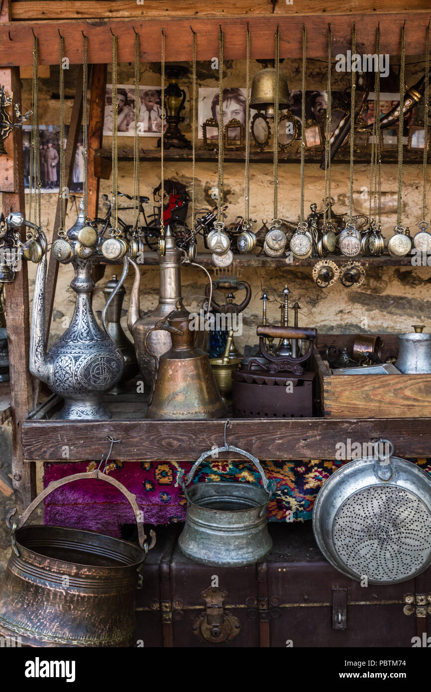 BURSA, TURKEY - CIRCA 2017: Handmade antique objects, forged copper ...