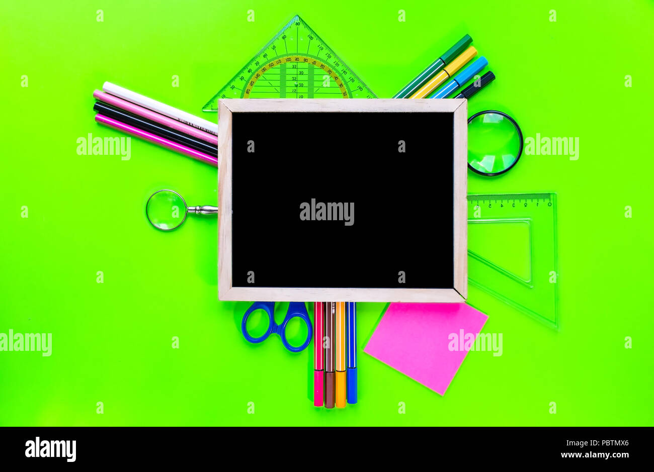 Top view flat lay. Blackboard concept for put text back to school or ...