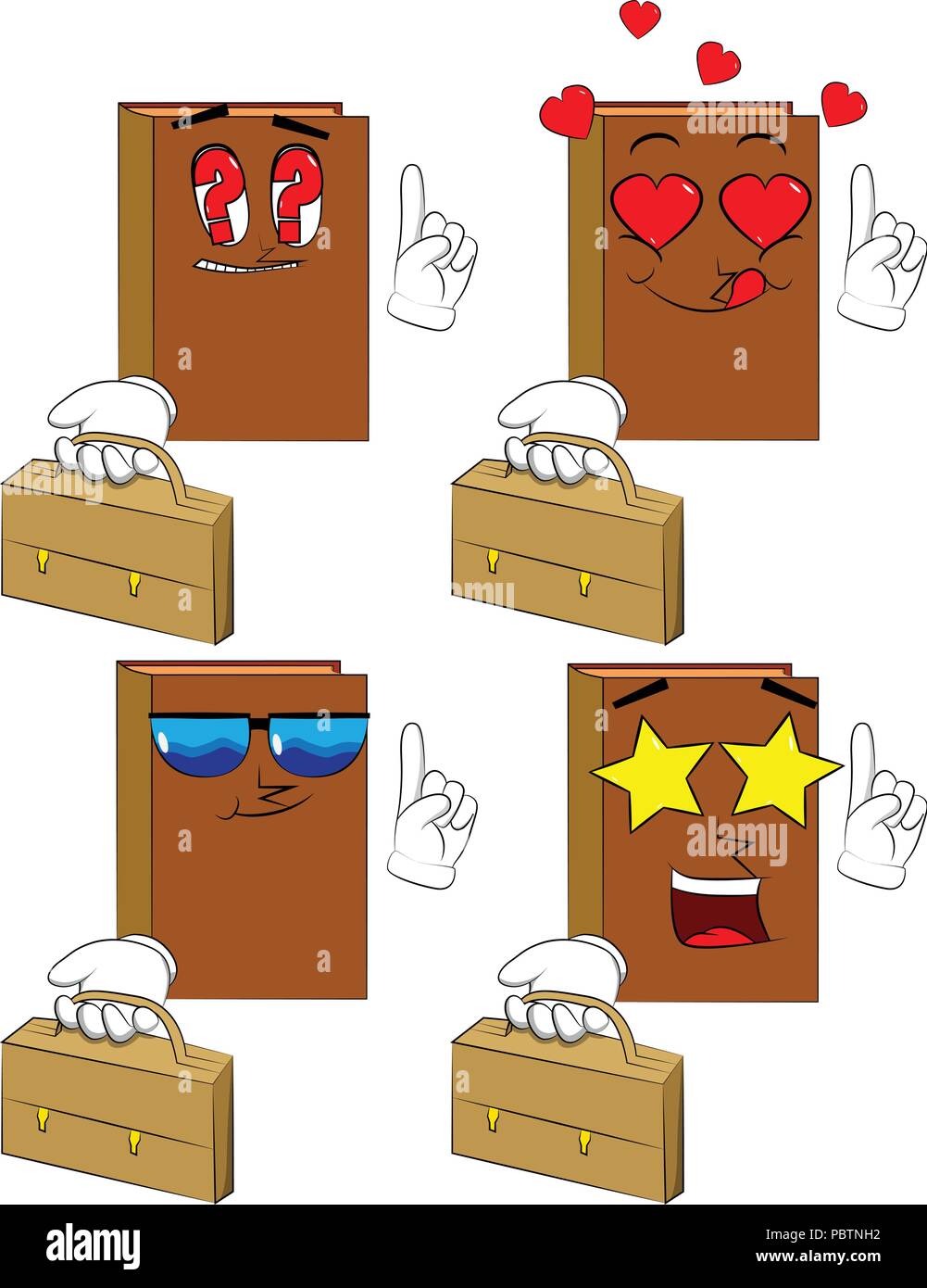 Books holding suitcase and making a point. Cartoon book collection with ...