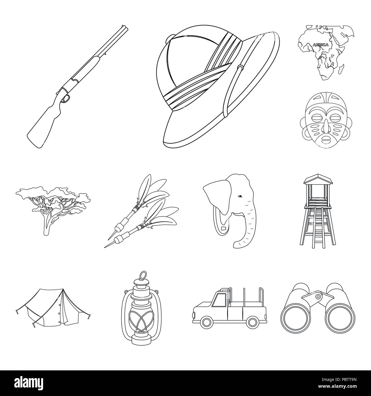 African Safari outline icons in set collection for design. Trophies and ...