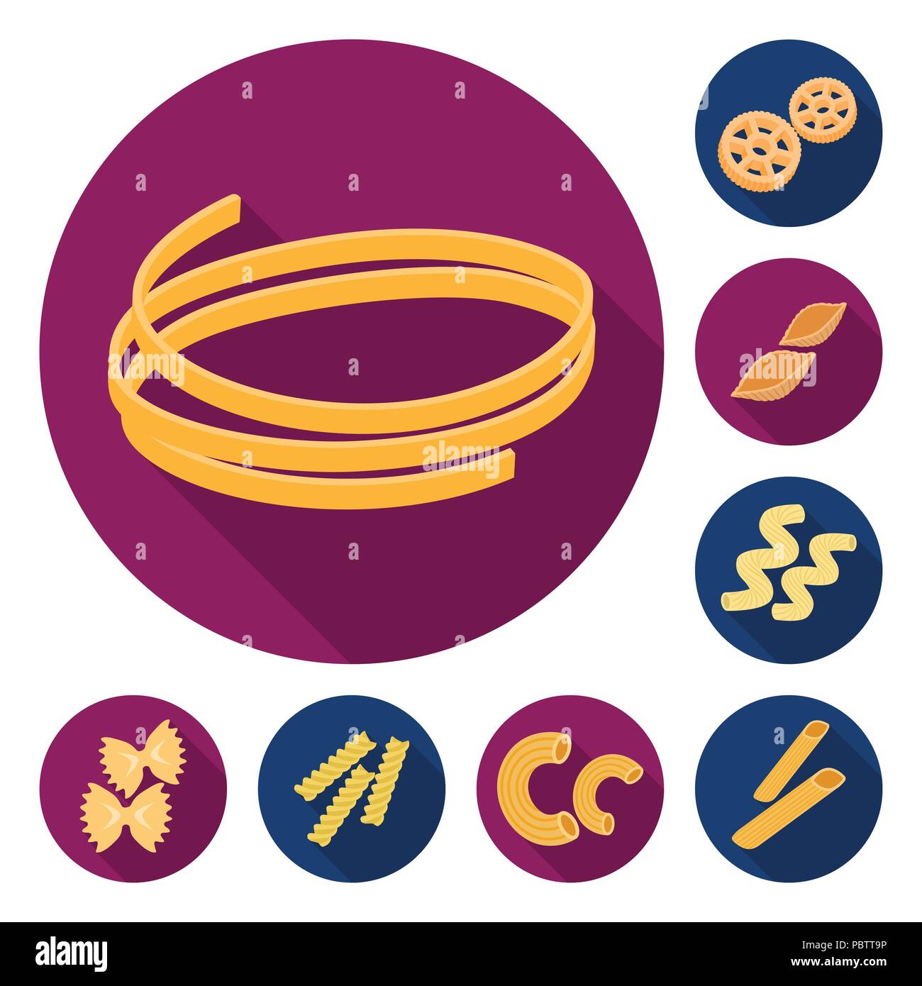 Types of pasta flat icons in set collection for design. Figured ...