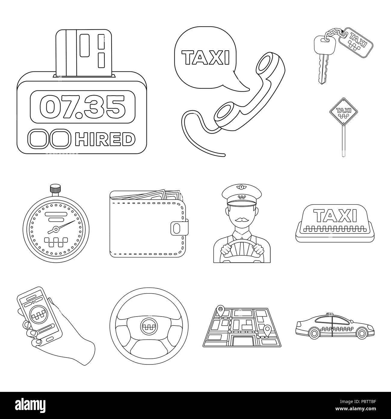 Taxi service outline icons in set collection for design. Taxi driver ...