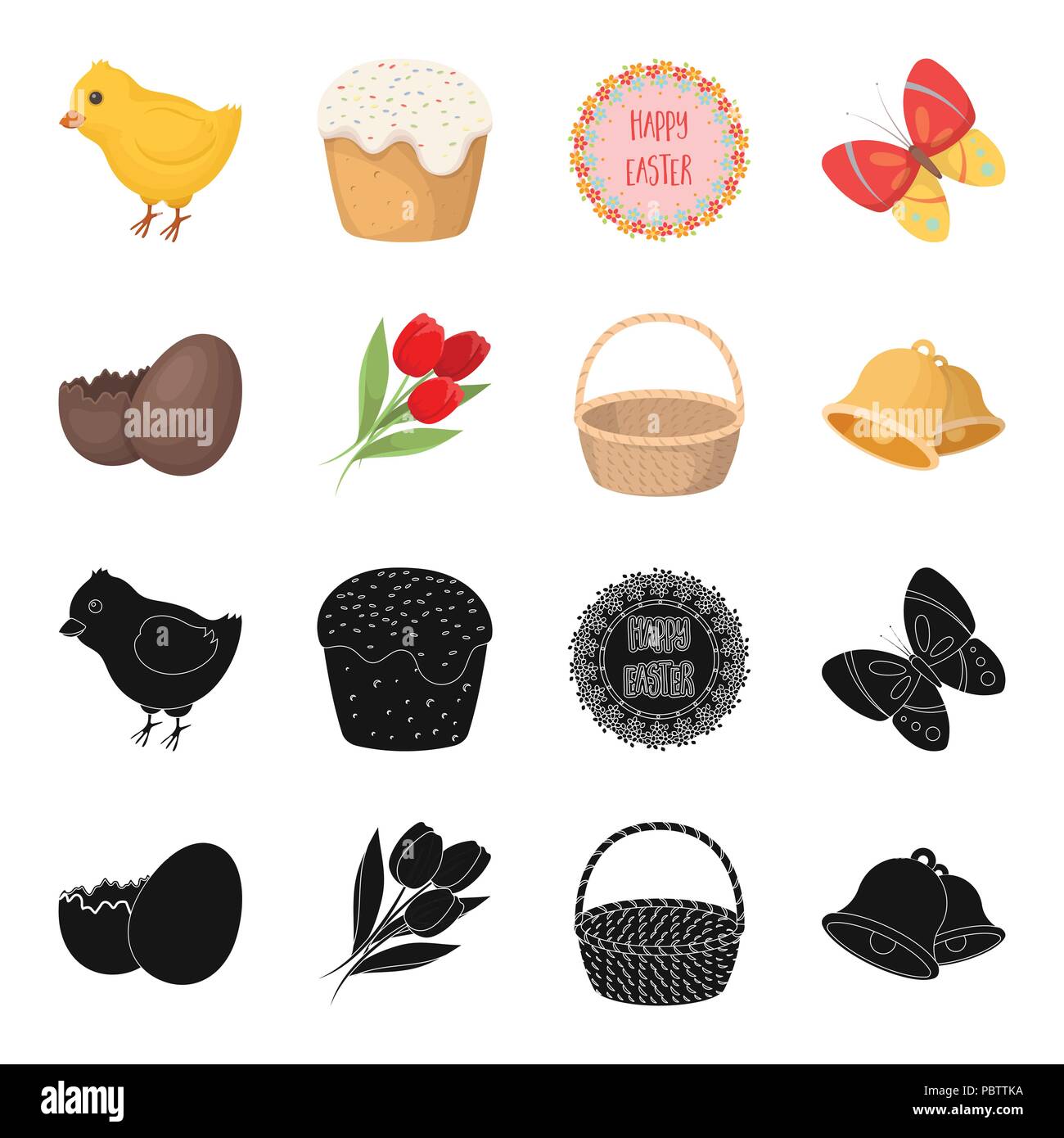 Chocolate egg, bells, basket and flowers.Easter set collection icons in ...