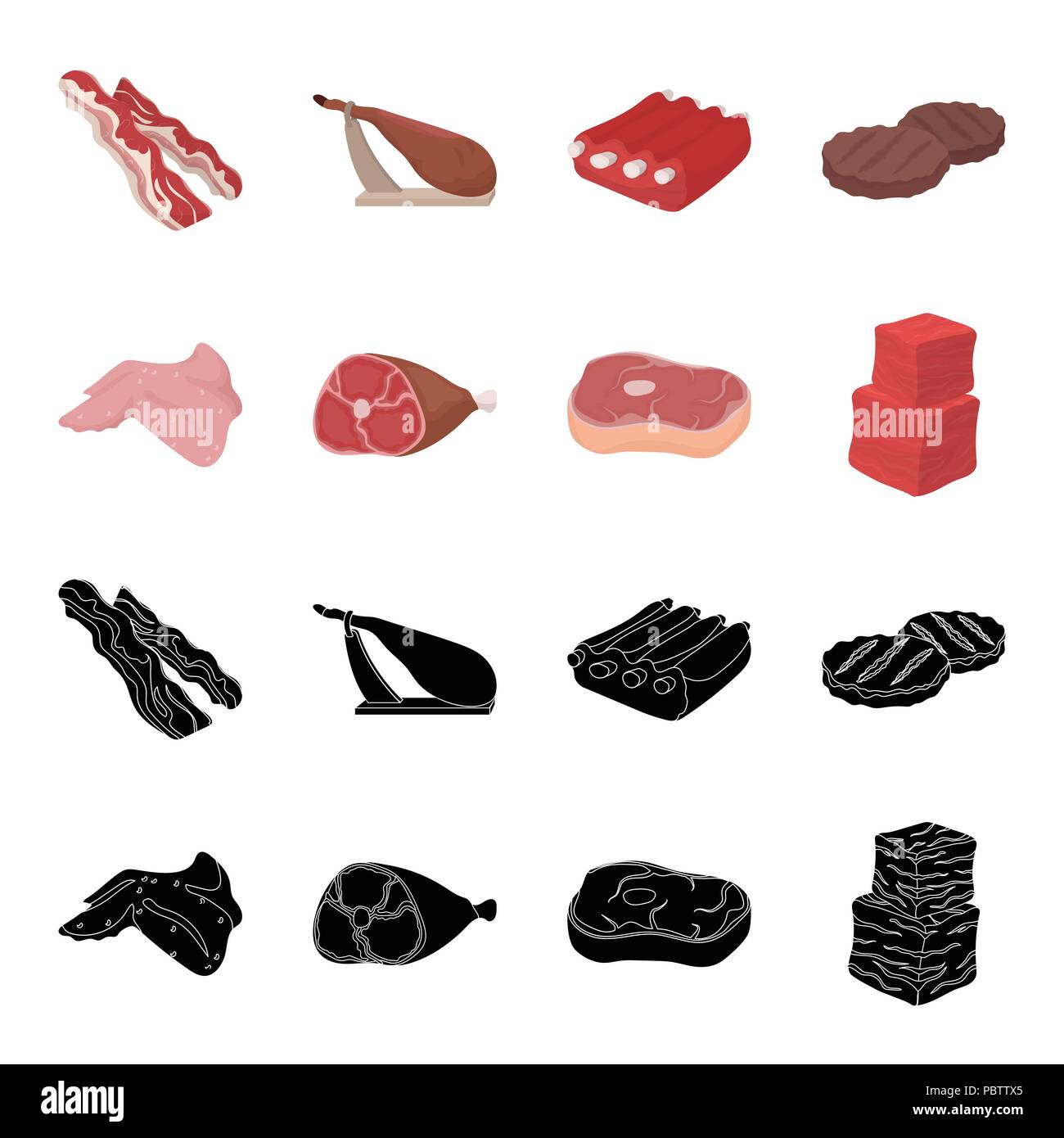 Chicken wings, ham, raw steak, beef cubes. Meat set collection icons in ...