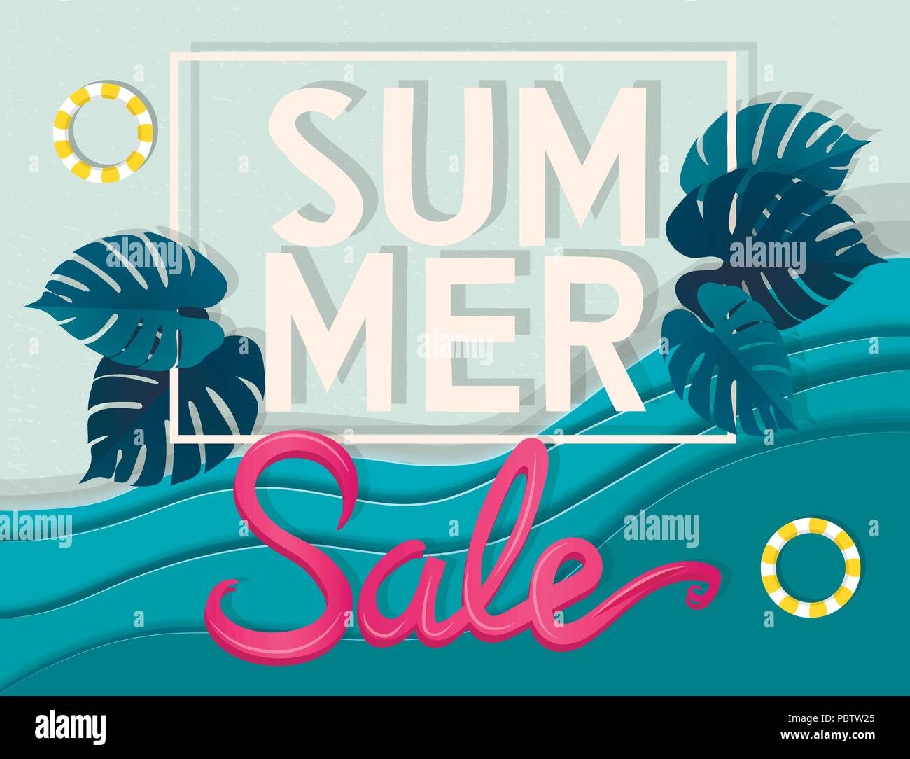 Summer sale banner, signboard, decor for the store. Top view of beach ...