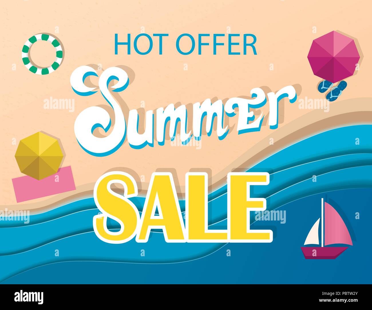 Summer sale banner, signboard, decor for the store. Top view of beach ...