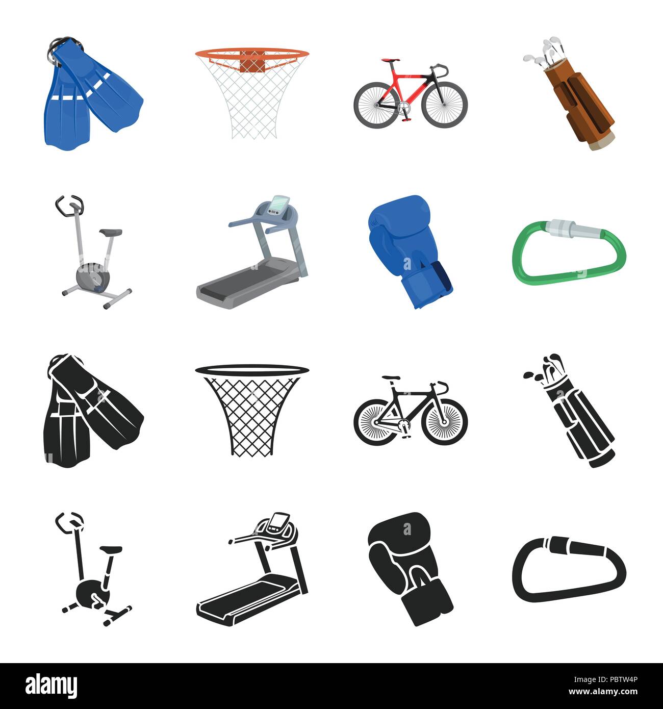 Exercise bike, treadmill, glove boxer, lock. Sport set collection icons ...
