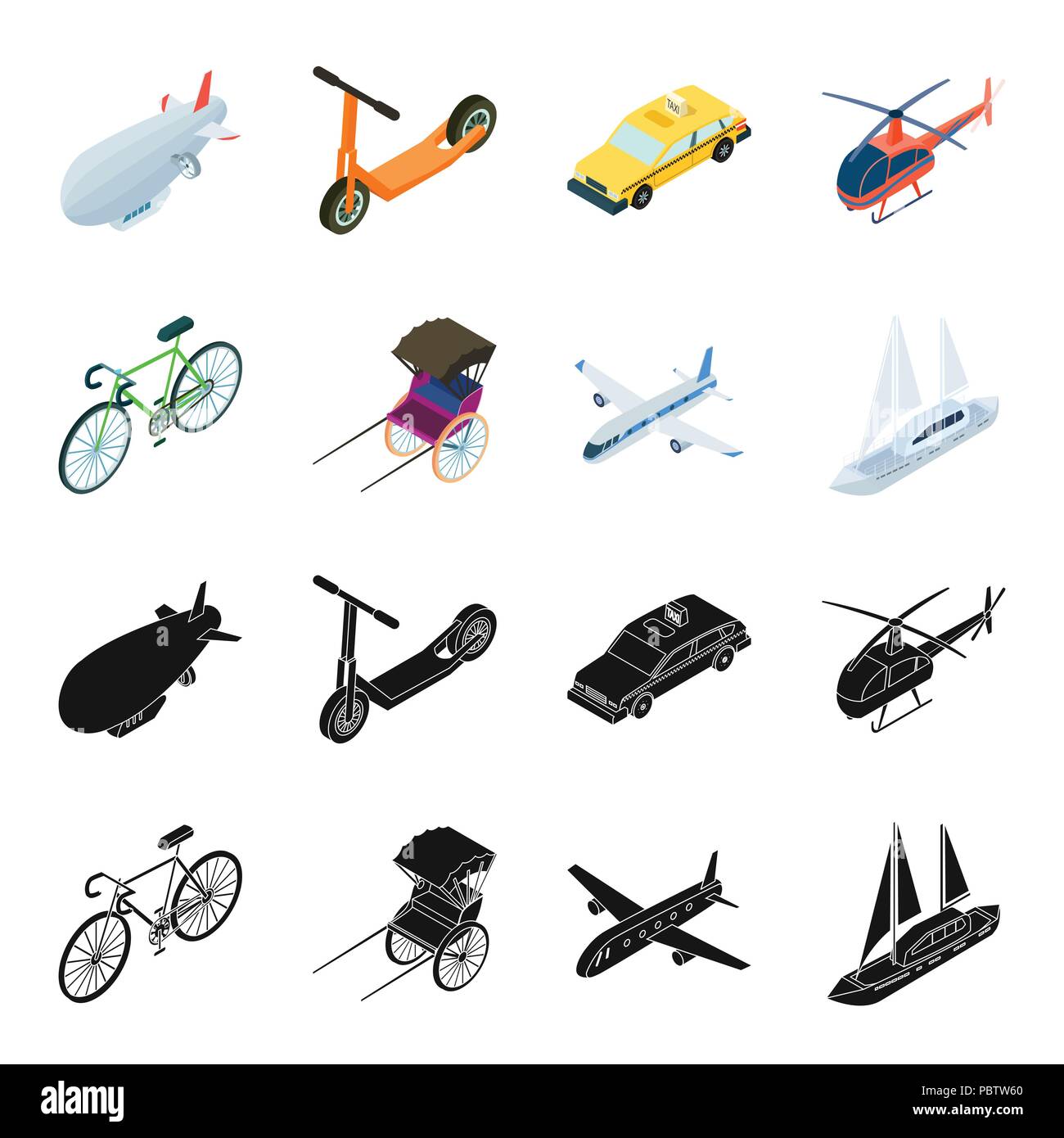 Bicycle, rickshaw, plane, yacht.Transport set collection icons in black ...