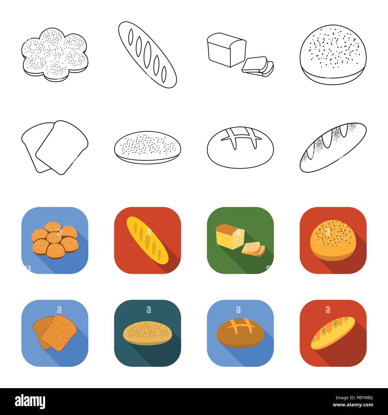 Toast, pizza stock, ruffed loaf, round rye.Bread set collection icons ...