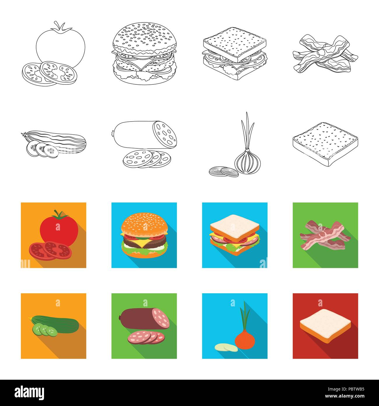 Burger and ingredients outline,flet icons in set collection for design ...