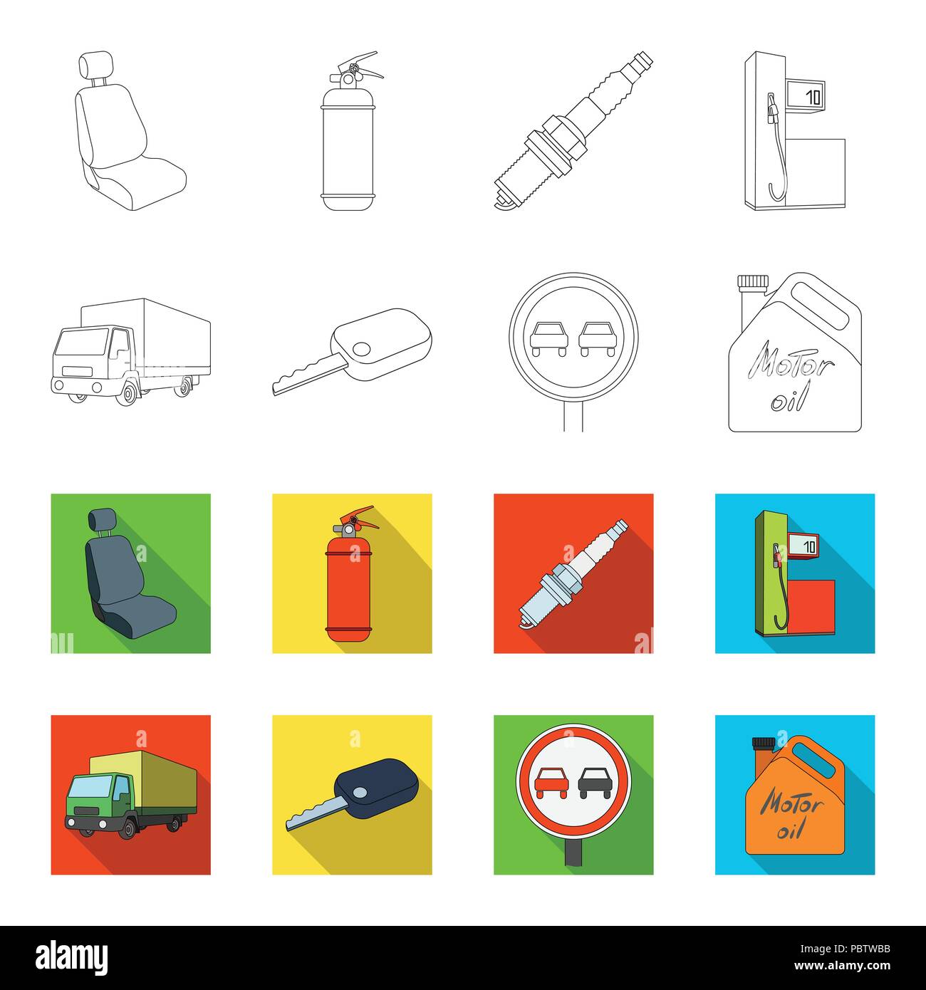 Truck with awning, ignition key, prohibitory sign, engine oil in ...