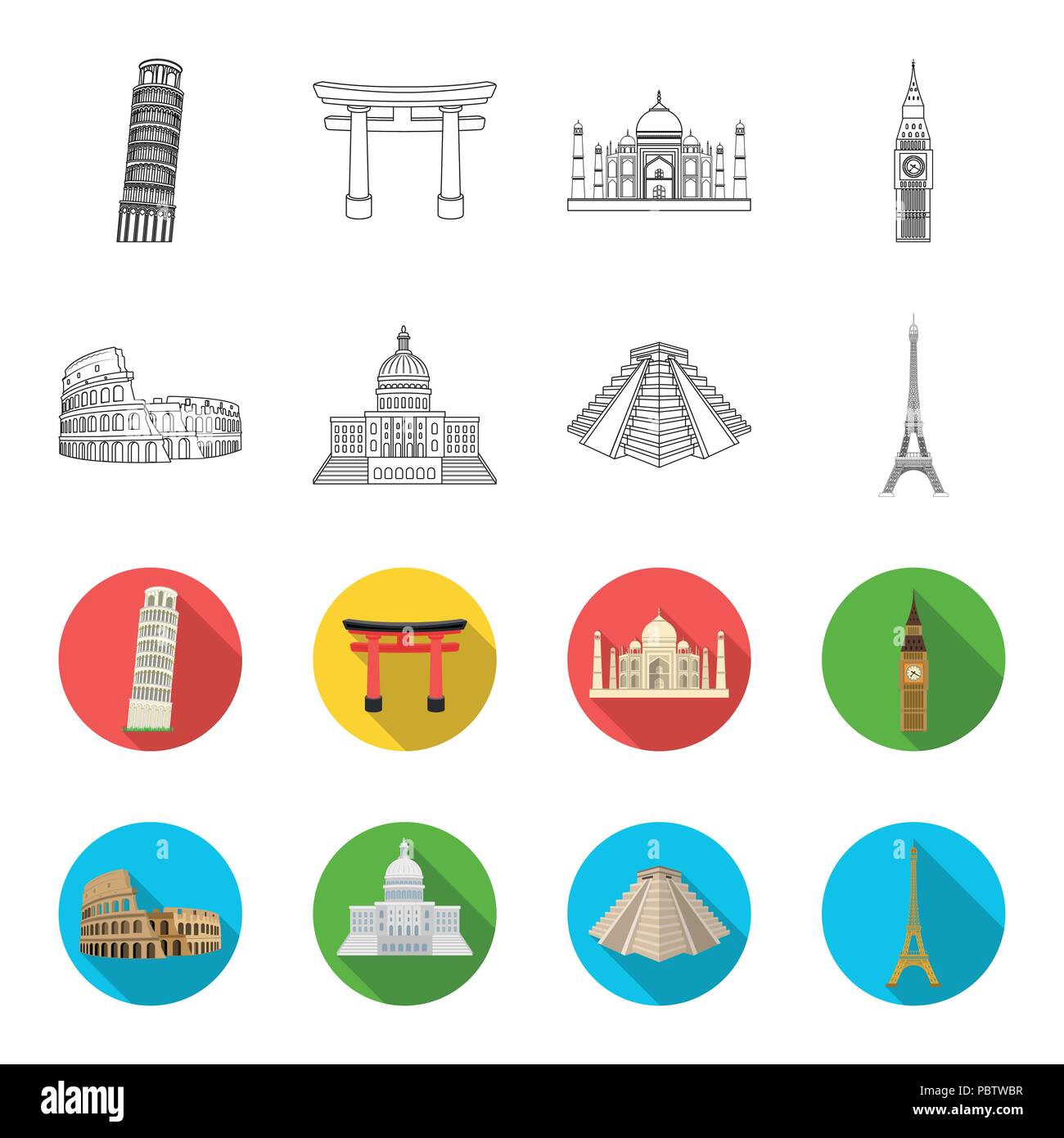 Sights of different countries outline,flet icons in set collection for ...