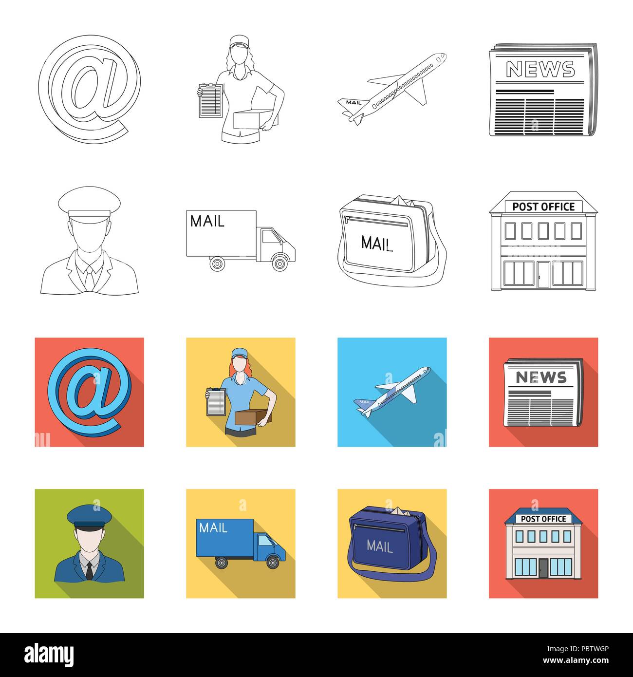 The postman in uniform, mail machine, bag for correspondence, postal ...