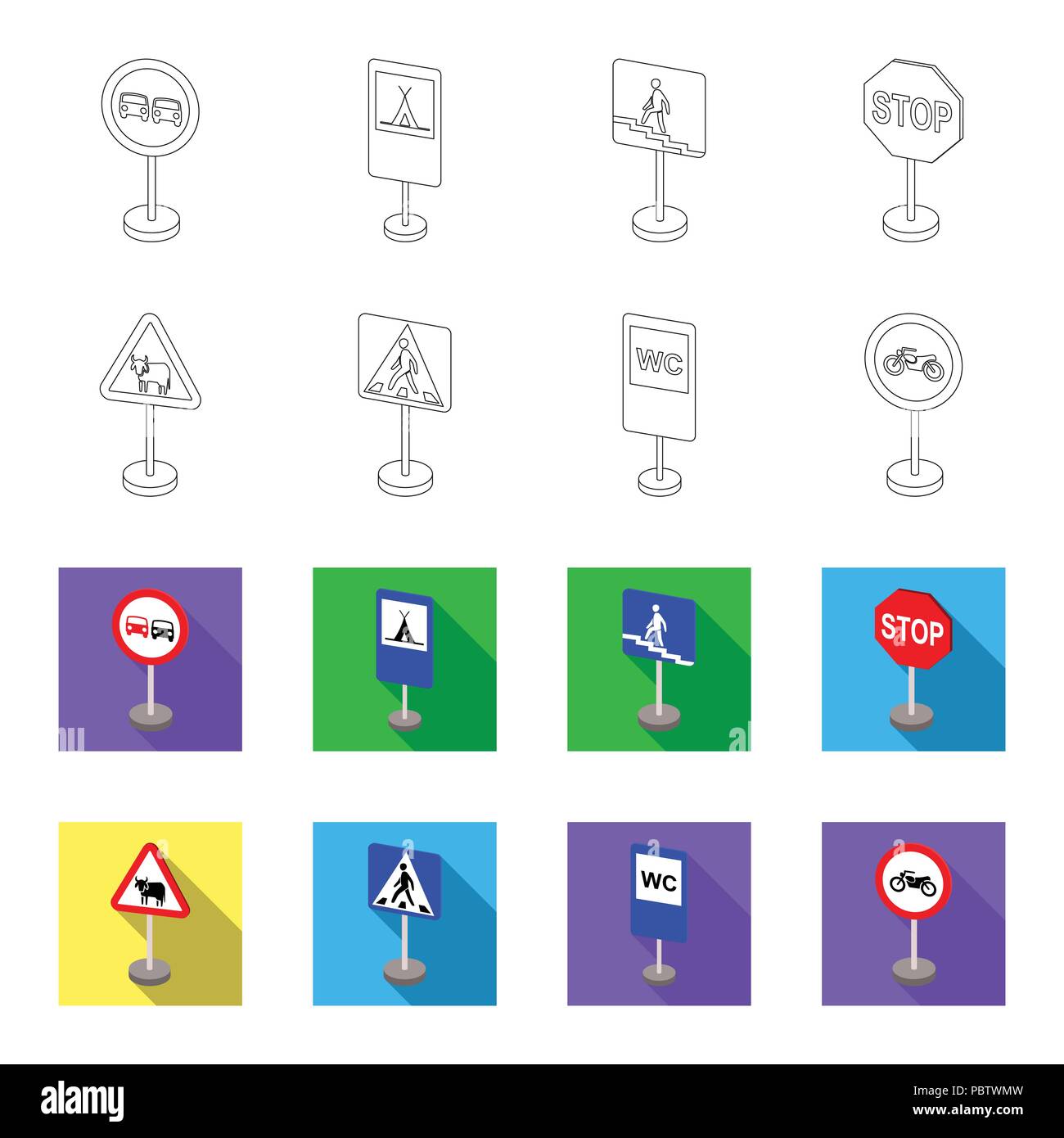 Different types of road signs outline,flet icons in set collection for ...