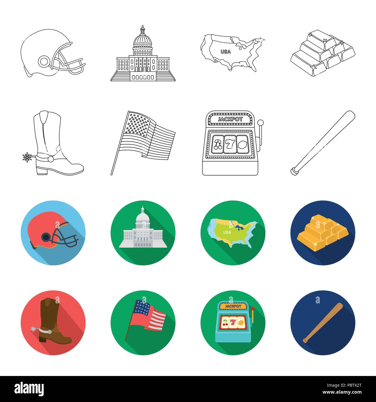 Cowboy boots, national flag, slot machine, baseball bat. USA country ...