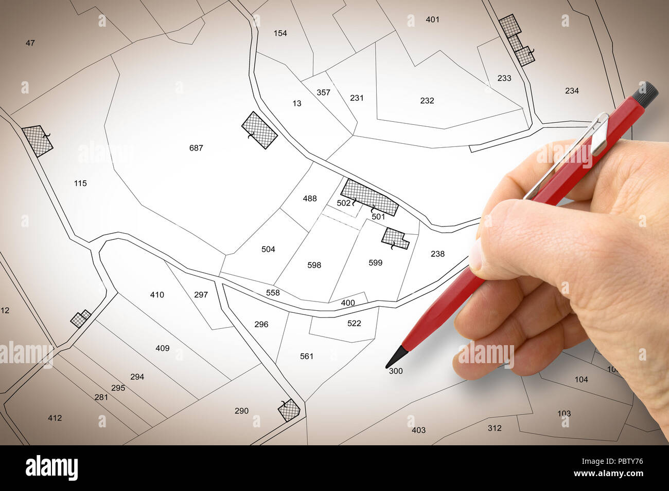 Hand drawing over an imaginary cadastral map of a rural landscape with ...