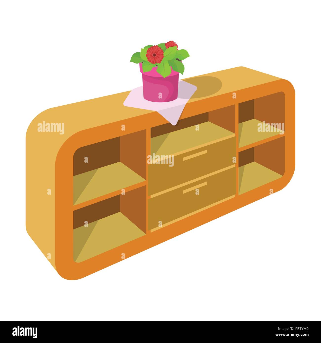 Chest, shelving with shelves and flower. Furniture and interior single ...