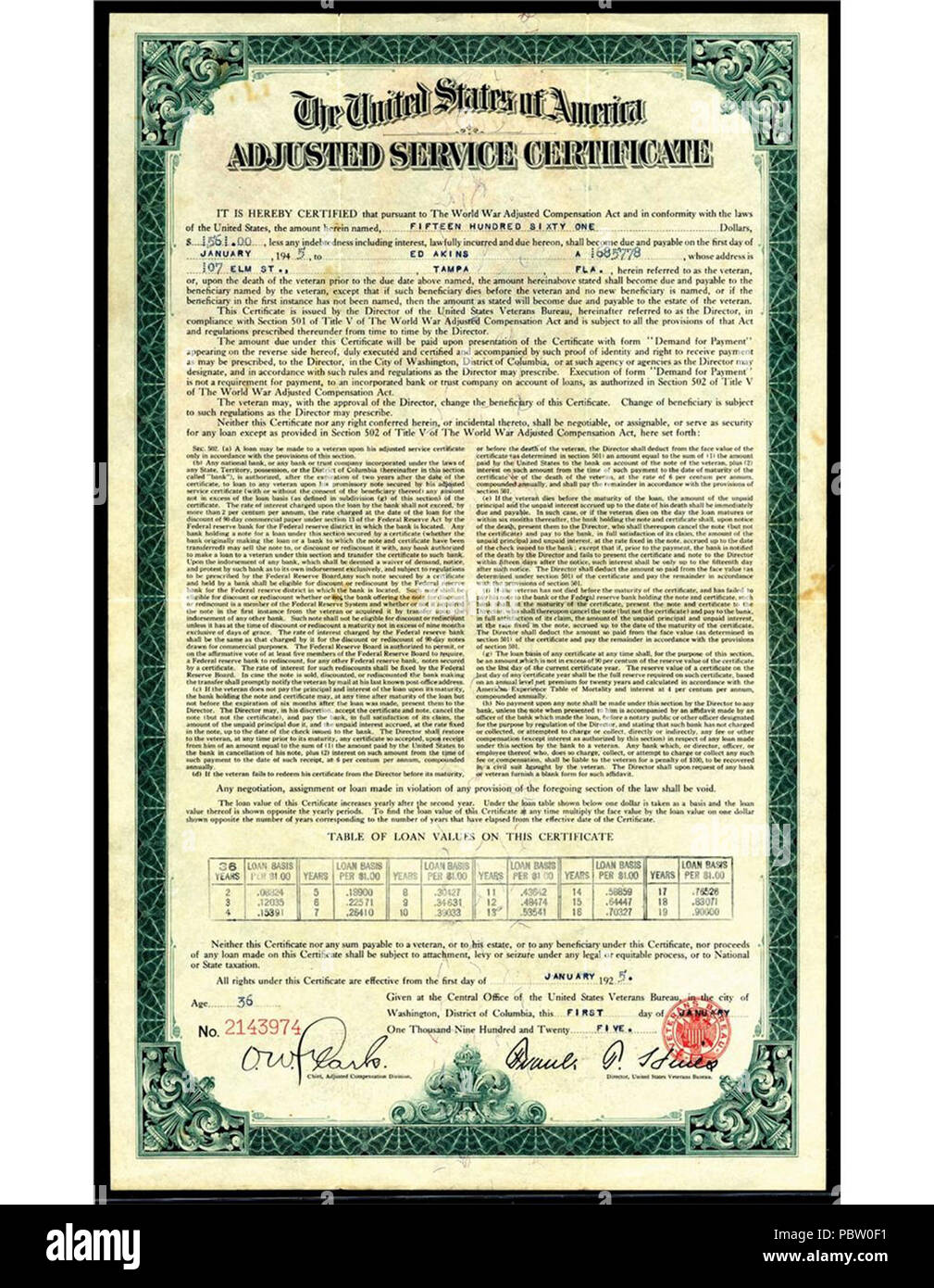 Adjusted Service Certificate Stock Photo - Alamy