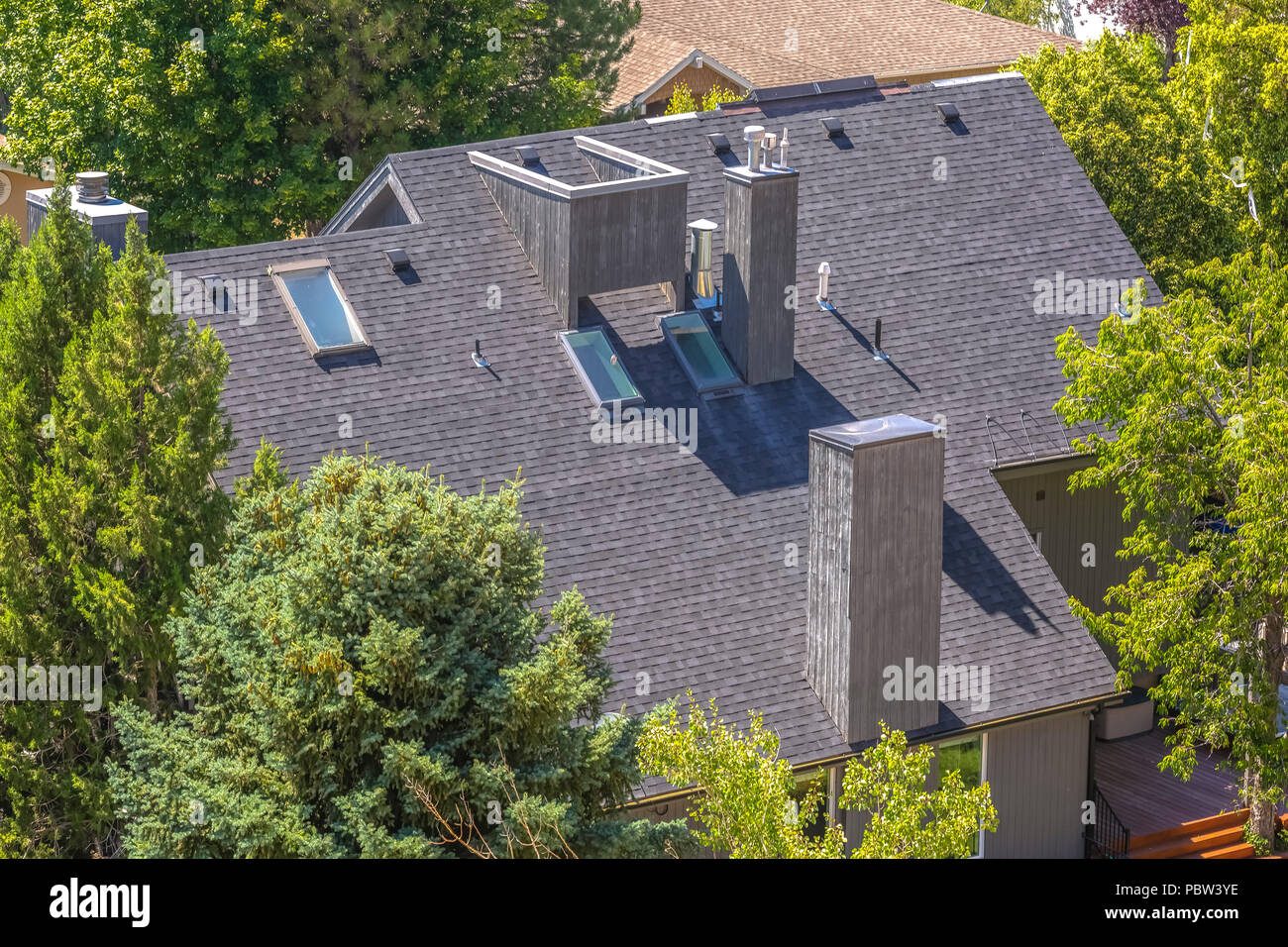 Rooftop of home with chimneys Stock Photo - Alamy