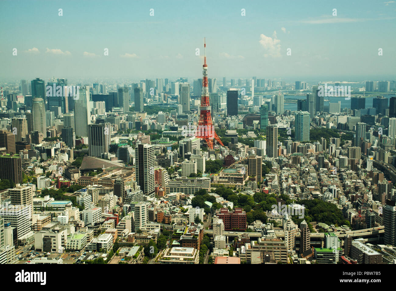 View of the Tokyo Tower and the skyline from an aerial view in Japan ...