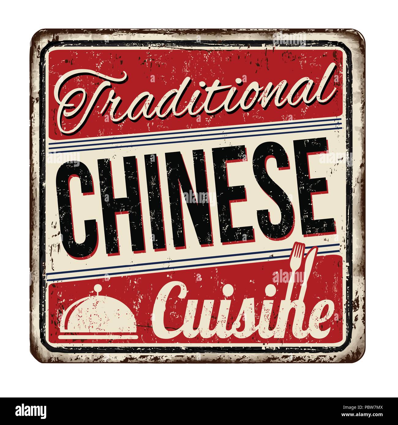 Traditional chinese cuisine vintage rusty metal sign on a white ...