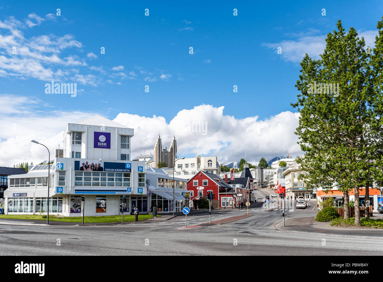 Akureyri, Iceland - June 17, 2018: Cityscape road in town village city ...