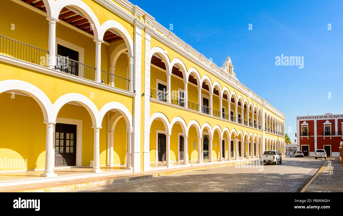 Yellow building of the main square (Zocalo) of Palenque, Mexico Stock ...