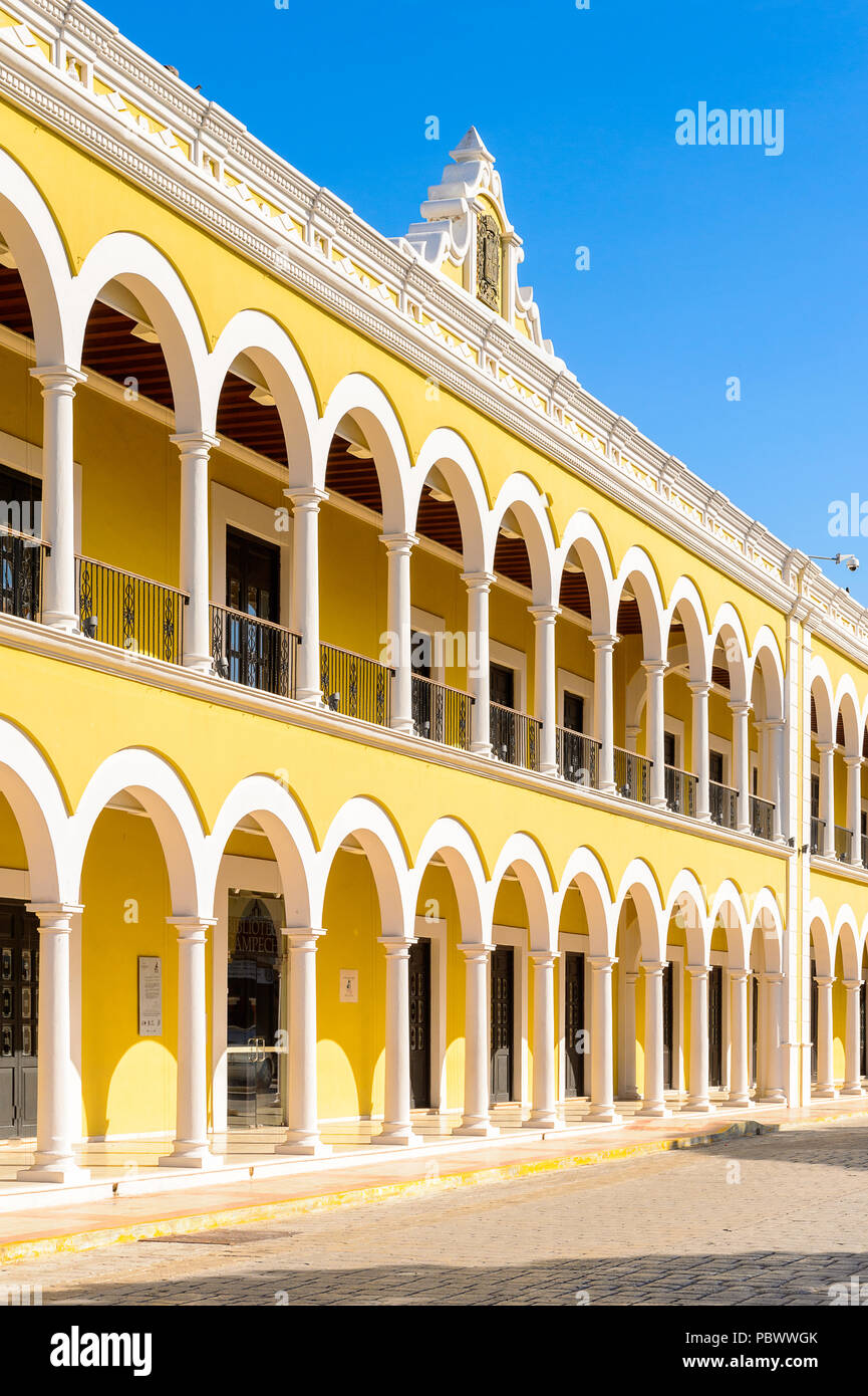 Yellow building of the main square (Zocalo) of Palenque, Mexico Stock ...