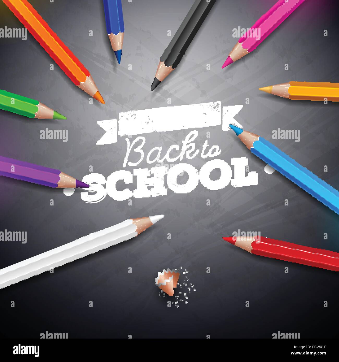 Back to school design with colorful pencil and chalk lettering on black ...