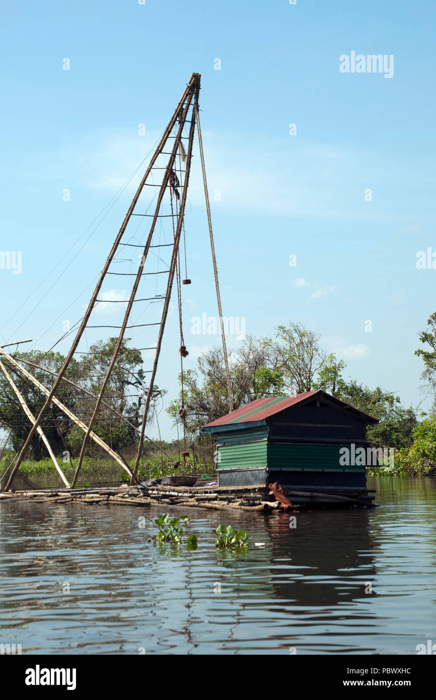 Sangker River Cambodia, bamboo raft with cantilever fishing rig Stock ...