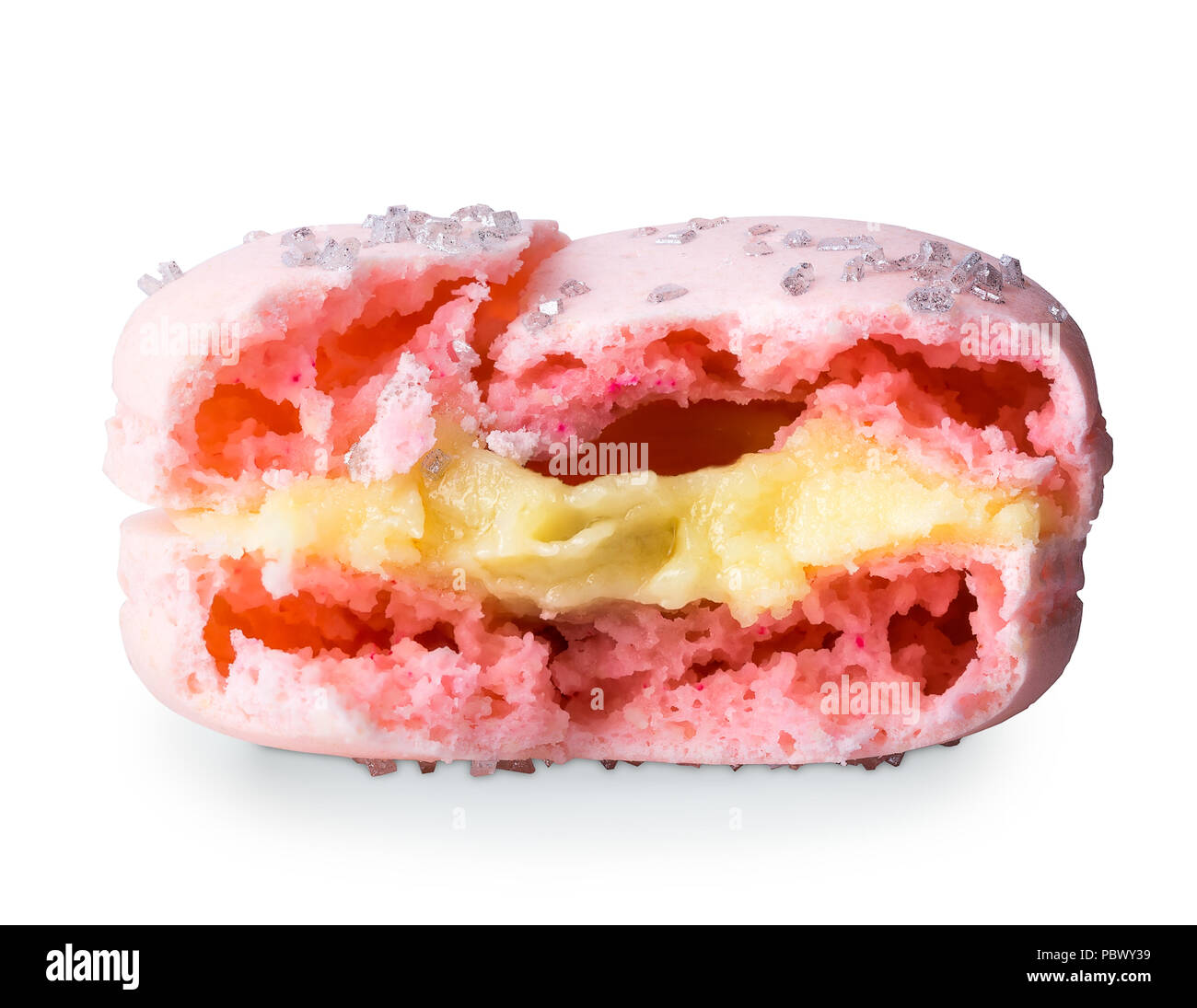 pink bitten macaroon isolated on white background Stock Photo - Alamy