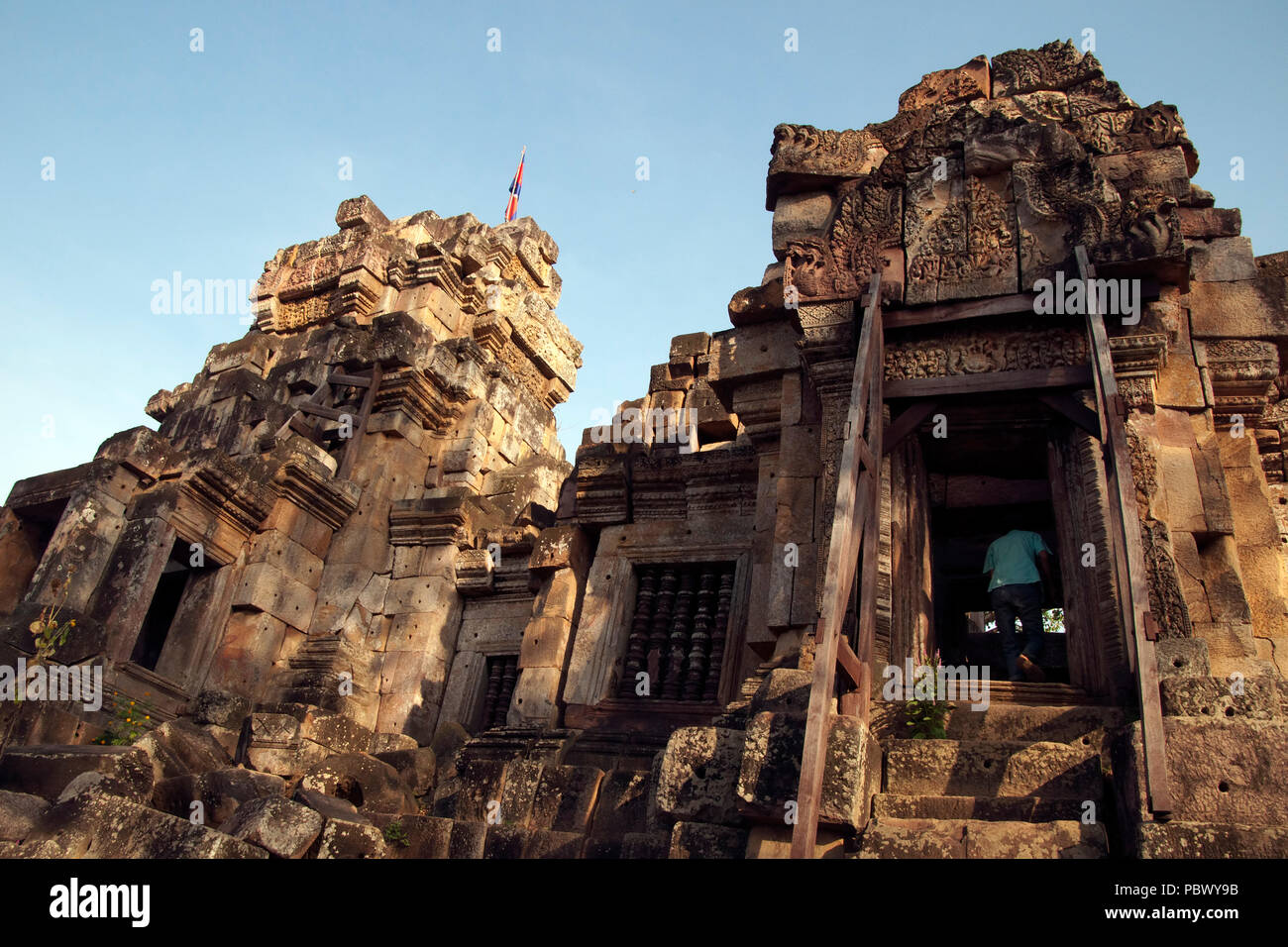 Battambang Cambodia, entrance with carved pediment at Wat Ek Phnom an ...