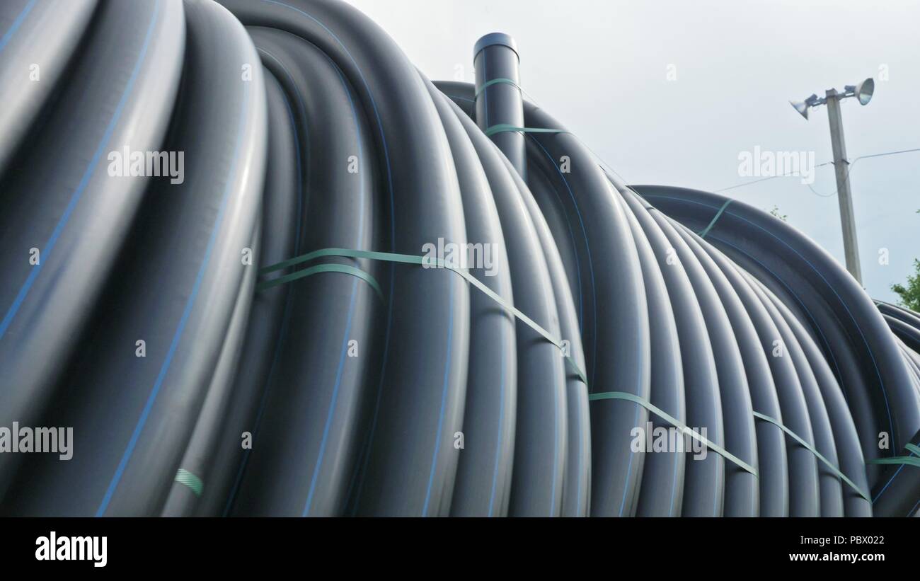 Warehouse of finished plastic pipes industrial outdoors storage site ...