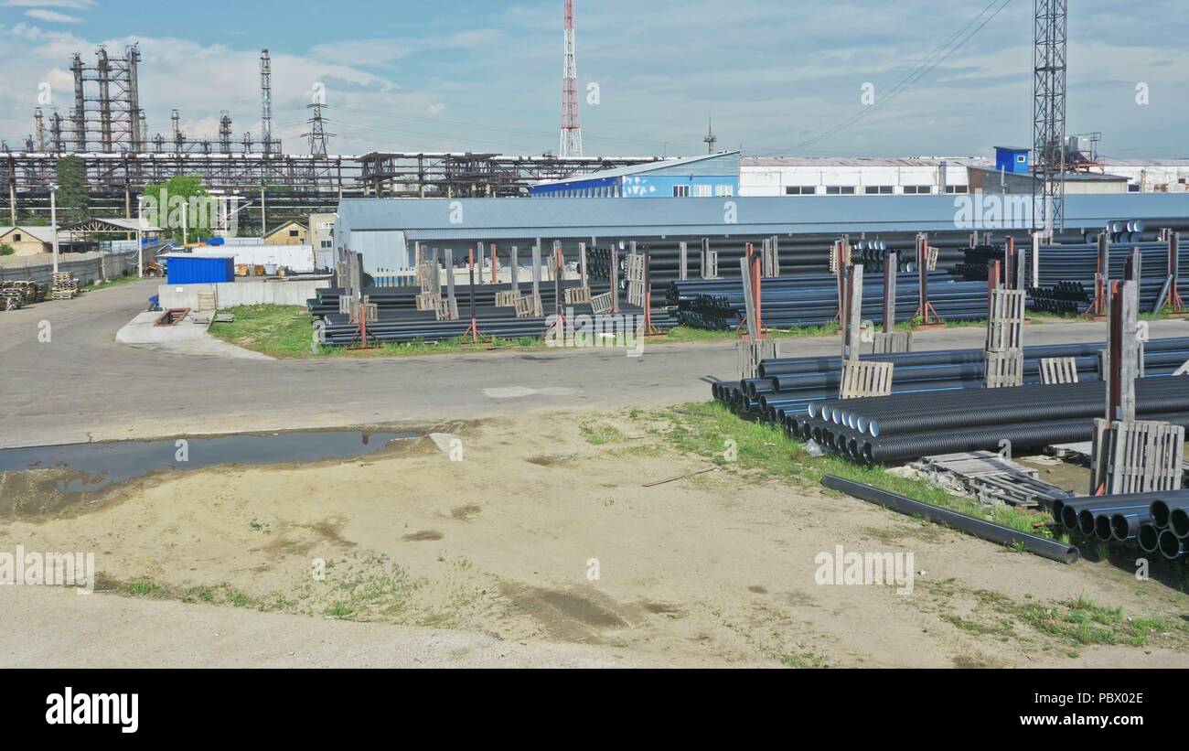 Warehouse of finished plastic pipes industrial outdoors storage site ...