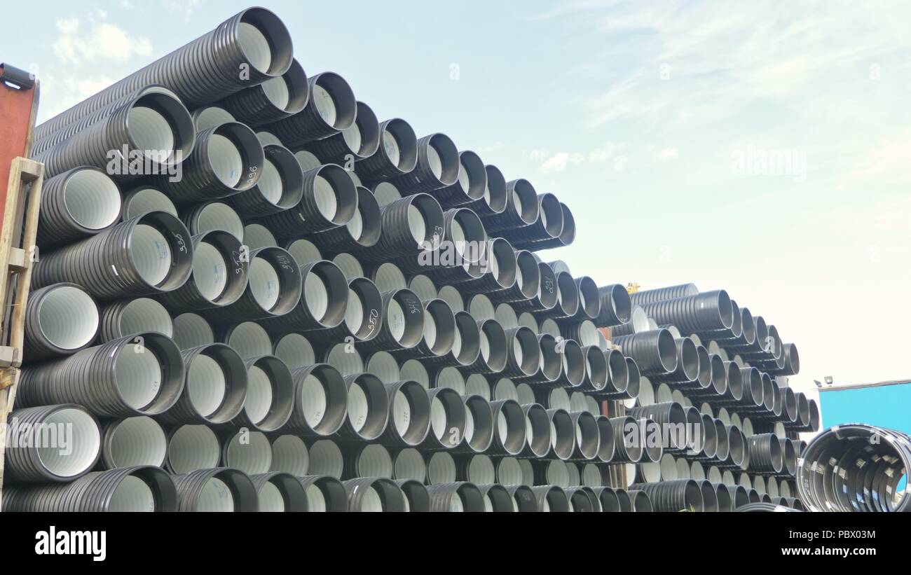 Warehouse of finished plastic pipes industrial outdoors storage site ...
