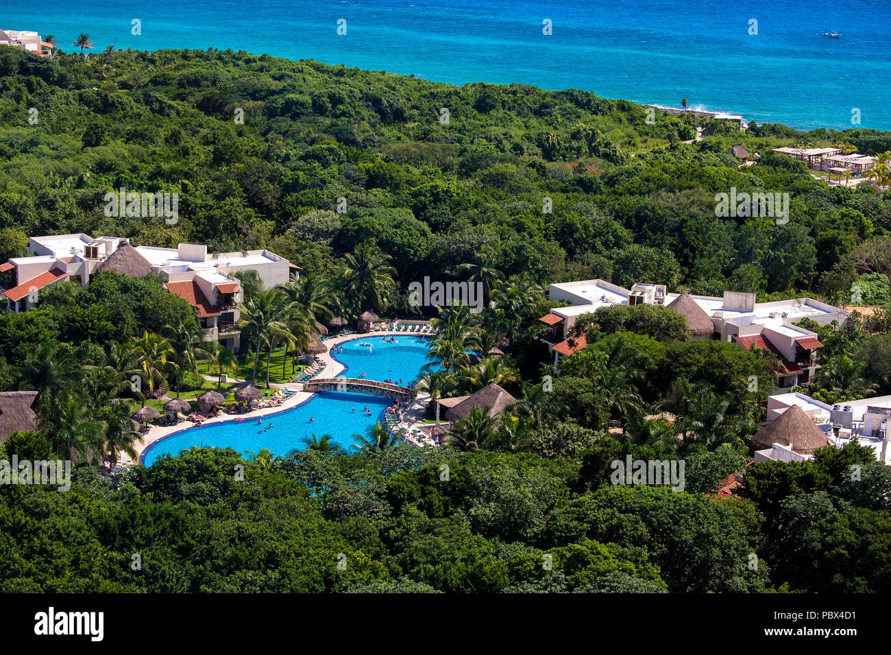 Aerial view of the Xcaret, Maya civilization archaeological site ...