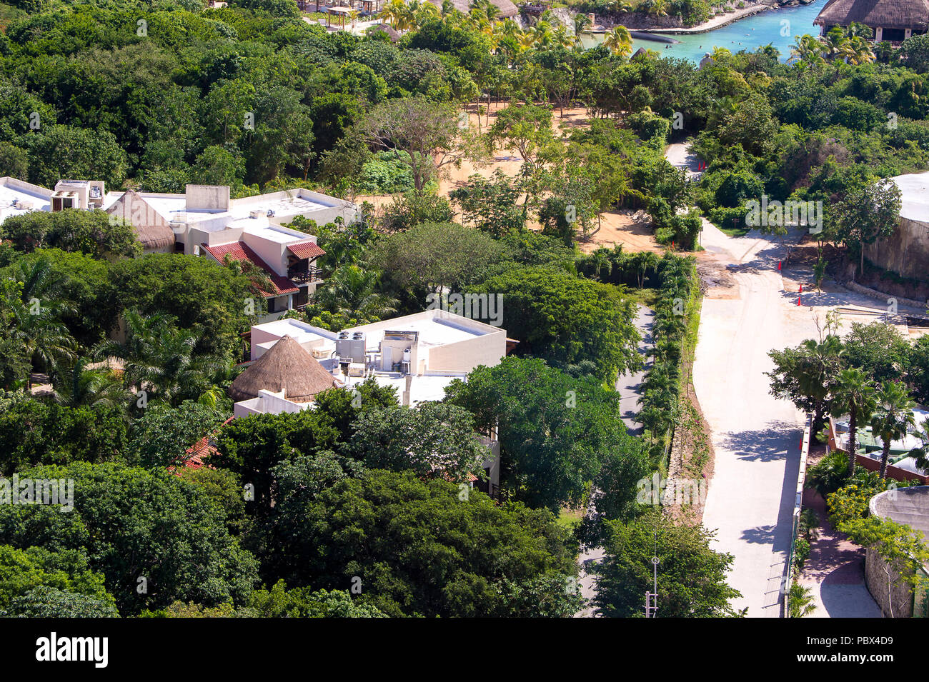 Aerial view of the Xcaret, Maya civilization archaeological site ...