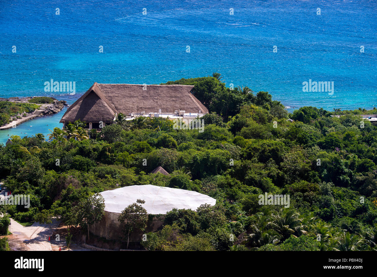 Aerial view of the Xcaret, Maya civilization archaeological site ...