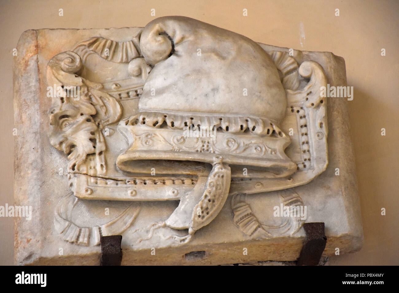 Rome, marble reliefs, tombstones with written in Latin, in the ...